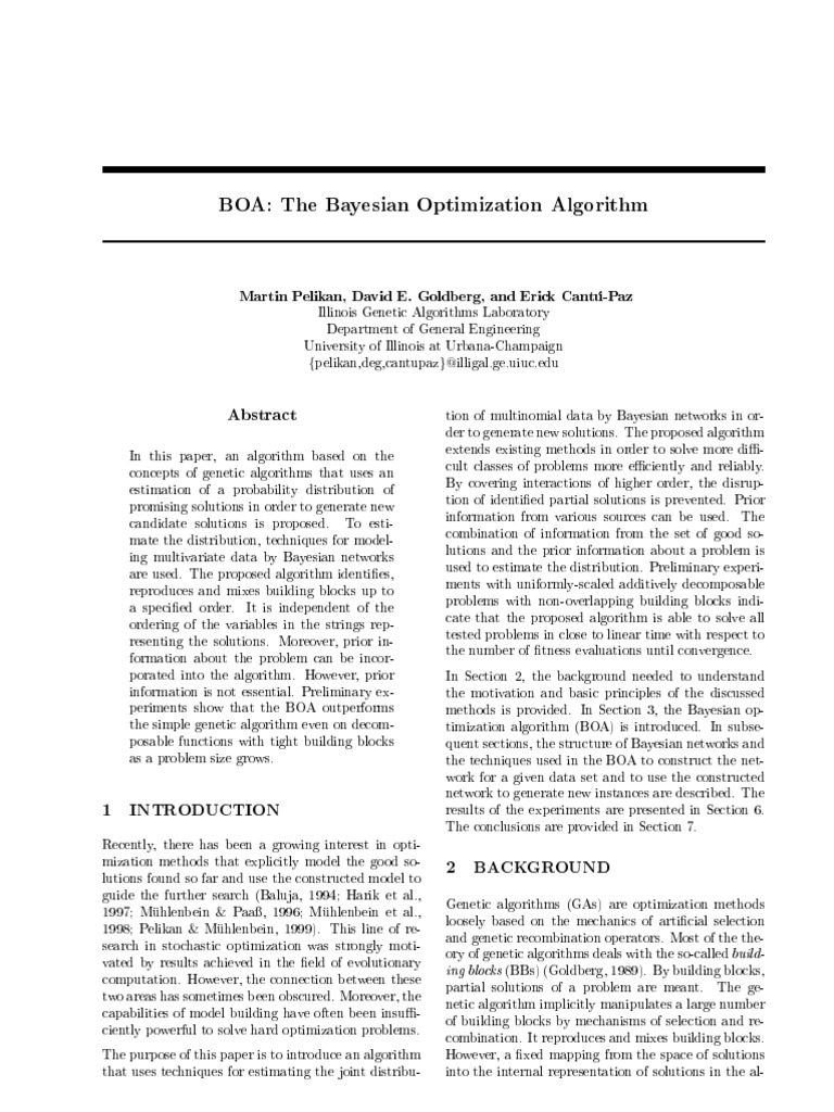 Bayesian Optimization Algorithm Overview | PDF | Bayesian Network | Genetic Algorithm