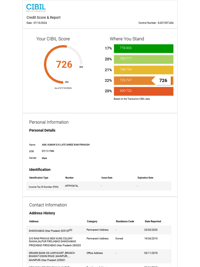 CIBIL Report OF ANIL KUMAR | PDF | Line Of Credit | Annual Percentage Rate