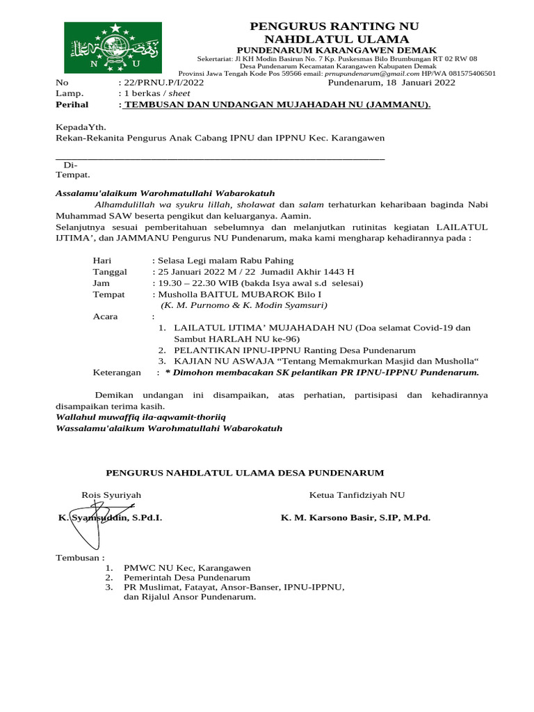 Undangan Nu 2021 Jammanu JANUARI 2022 Dam TEMBUSAN IPNU-IPPNU Pac | PDF
