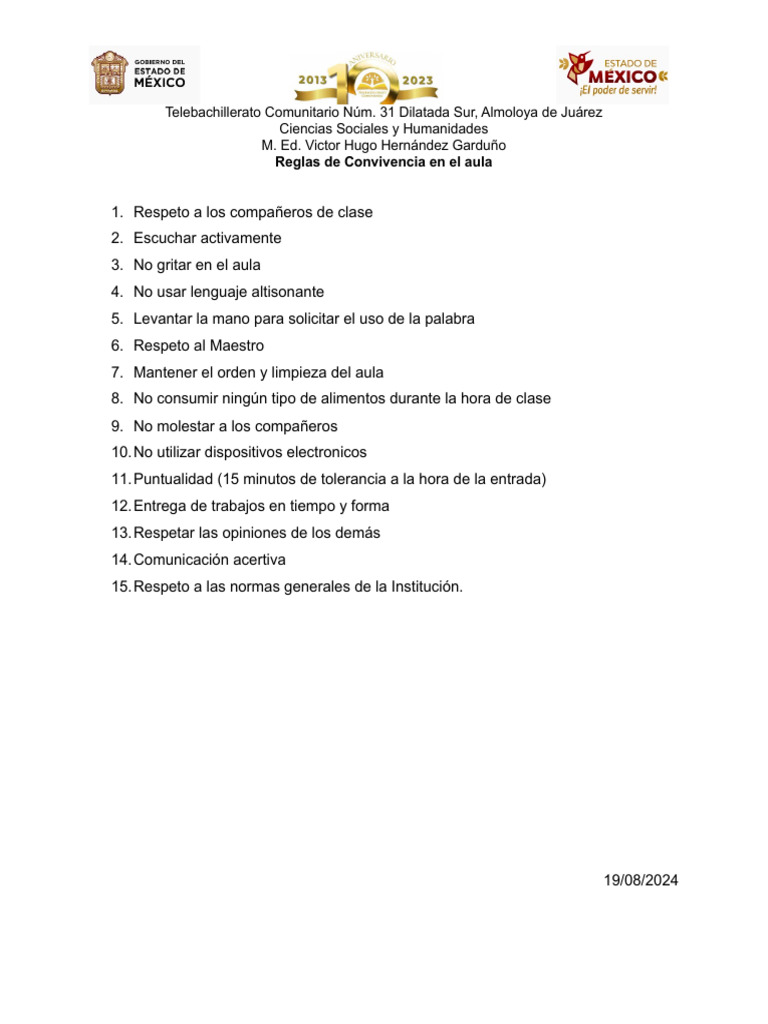 Reglas de convivencia en el aula | PDF