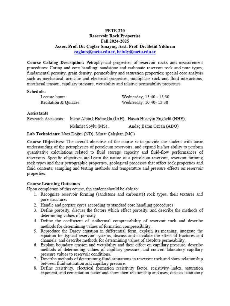 PETE 220 - Syllabus - 20241 v1 | PDF | Petroleum Reservoir ...