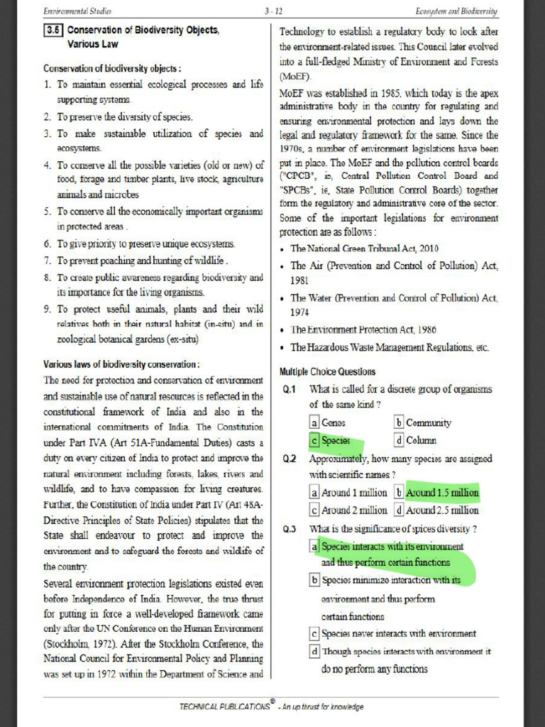 EST Chapter 3 Technical MCQs | PDF | Biodiversity | Environmental Protection