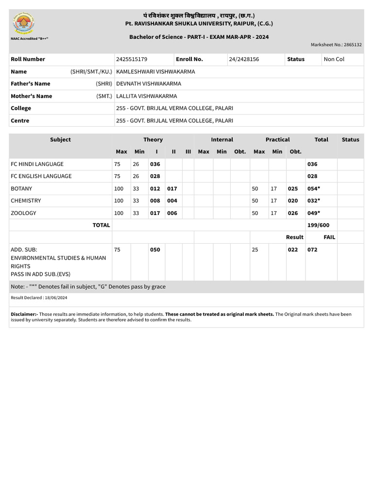 Pt. RAVISHANKAR SHUKLA UNIVERSITY Student Result Page | PDF