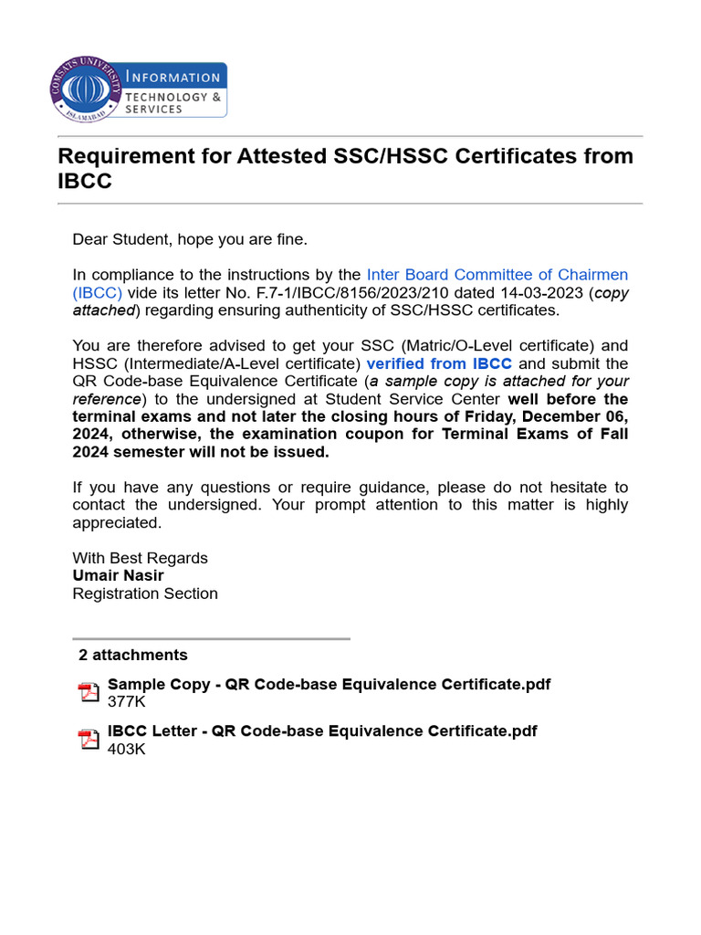 Requirement of IBCC Atteseted SSC and HSSC Certificate With Equivalence ...