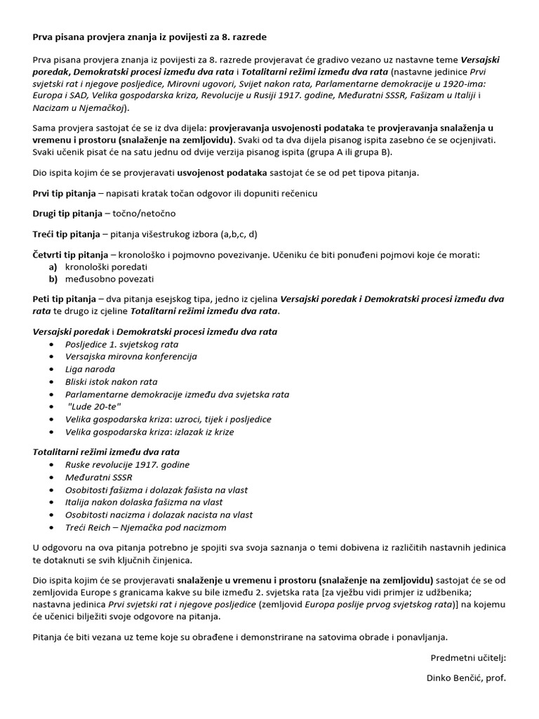 Uputstva Za Pisanje Prve Provjere Znanja | PDF