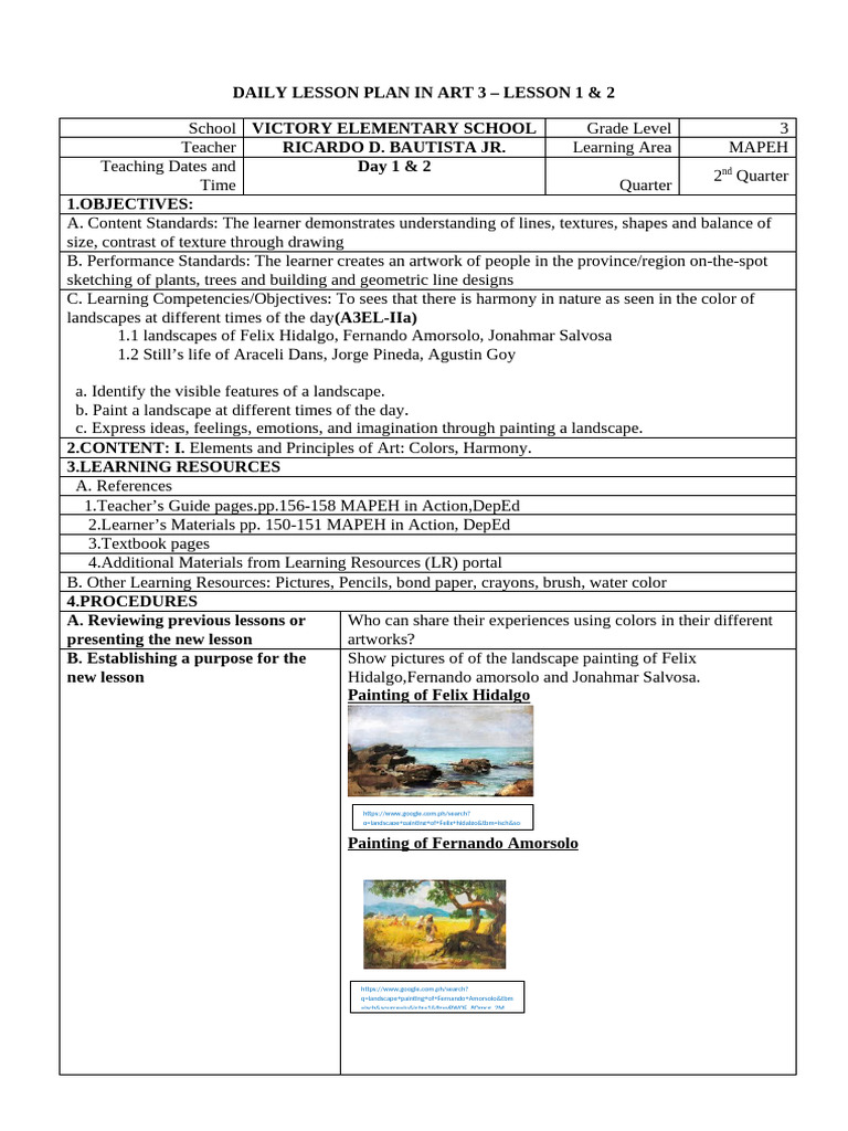 ARTS Grade 3 - Lesson 1 - 2 | PDF | Paintings | Learning