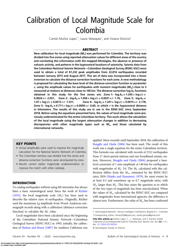 Calibration of Local Magnitude Scale For Colombia MuÃ Oz Lopez | PDF ...