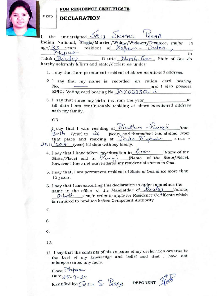 Saili Residence Declaration | PDF