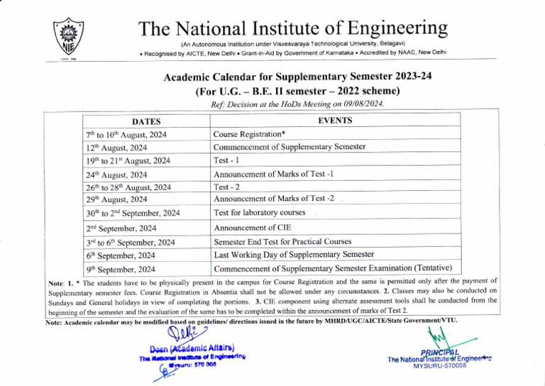 Academic Calendar For Supplementary Semester 2023-24 | PDF