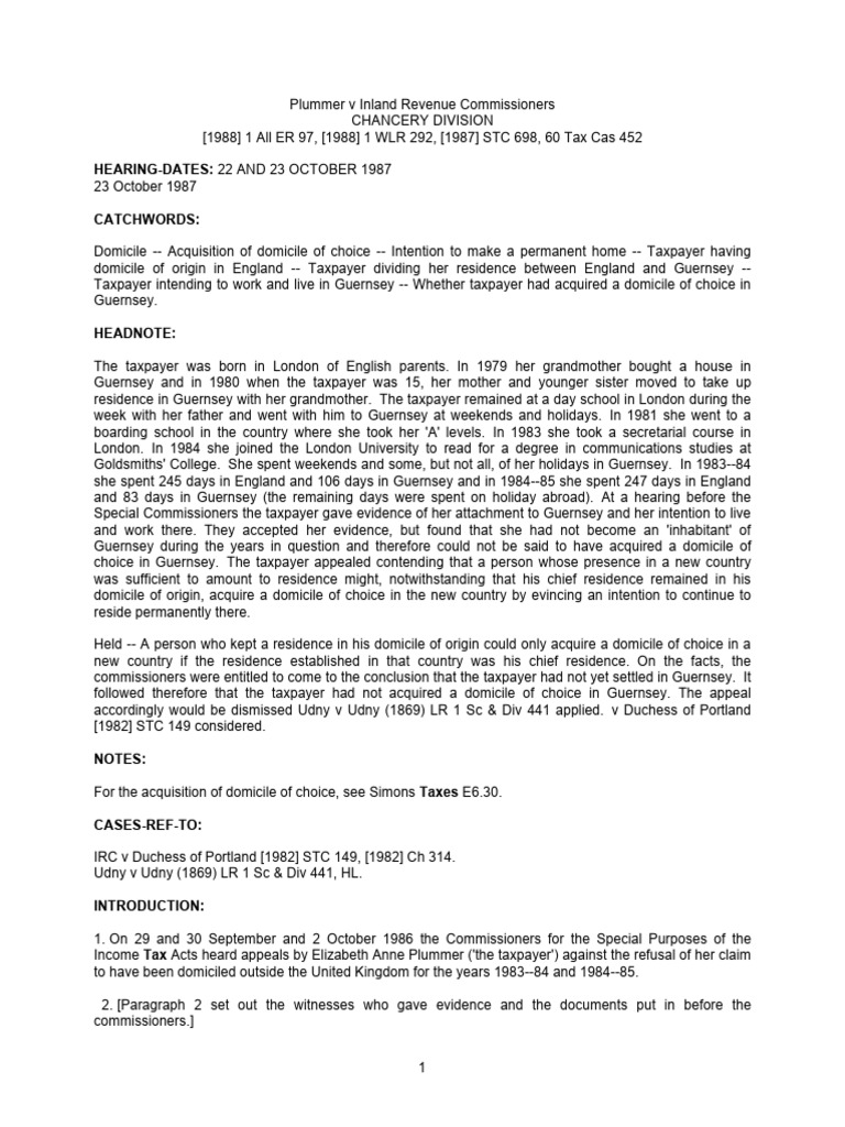 Plummer V Inland Revenue Authorities | PDF | Domicile (Law) | Justice