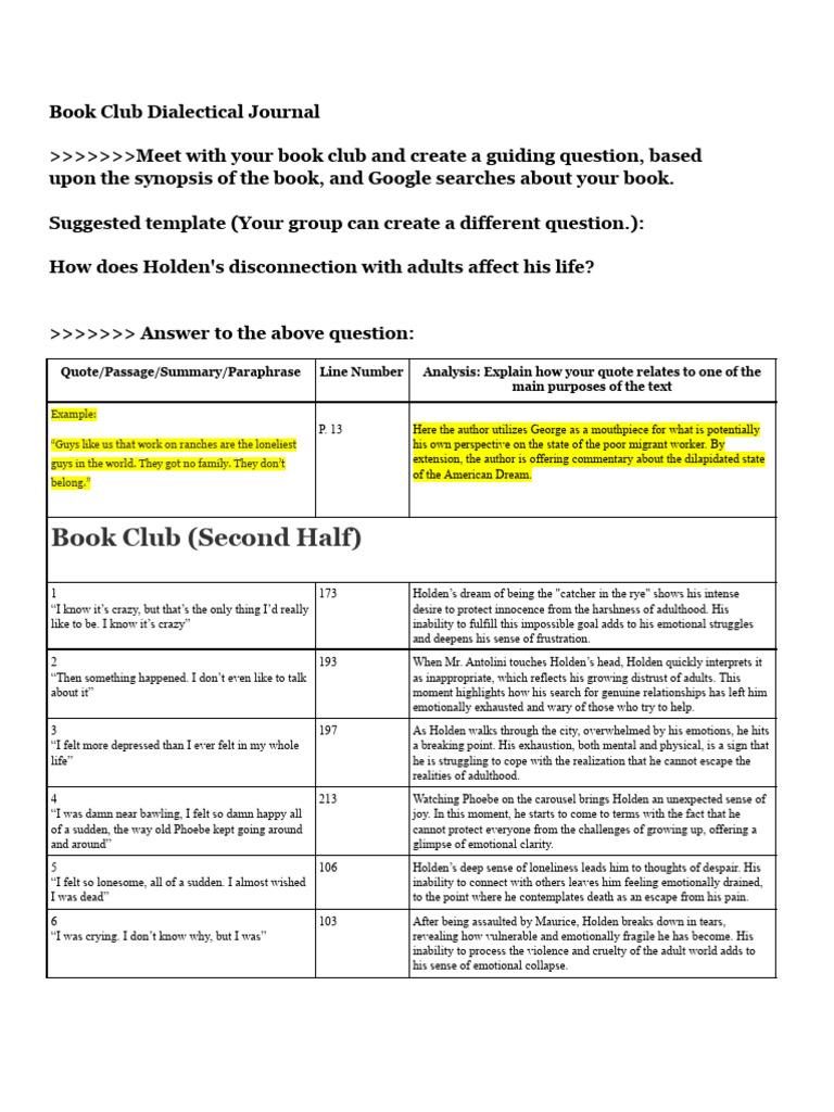 Abdul Piracha - Book Club Dialectical Journal (Second Half) | PDF ...