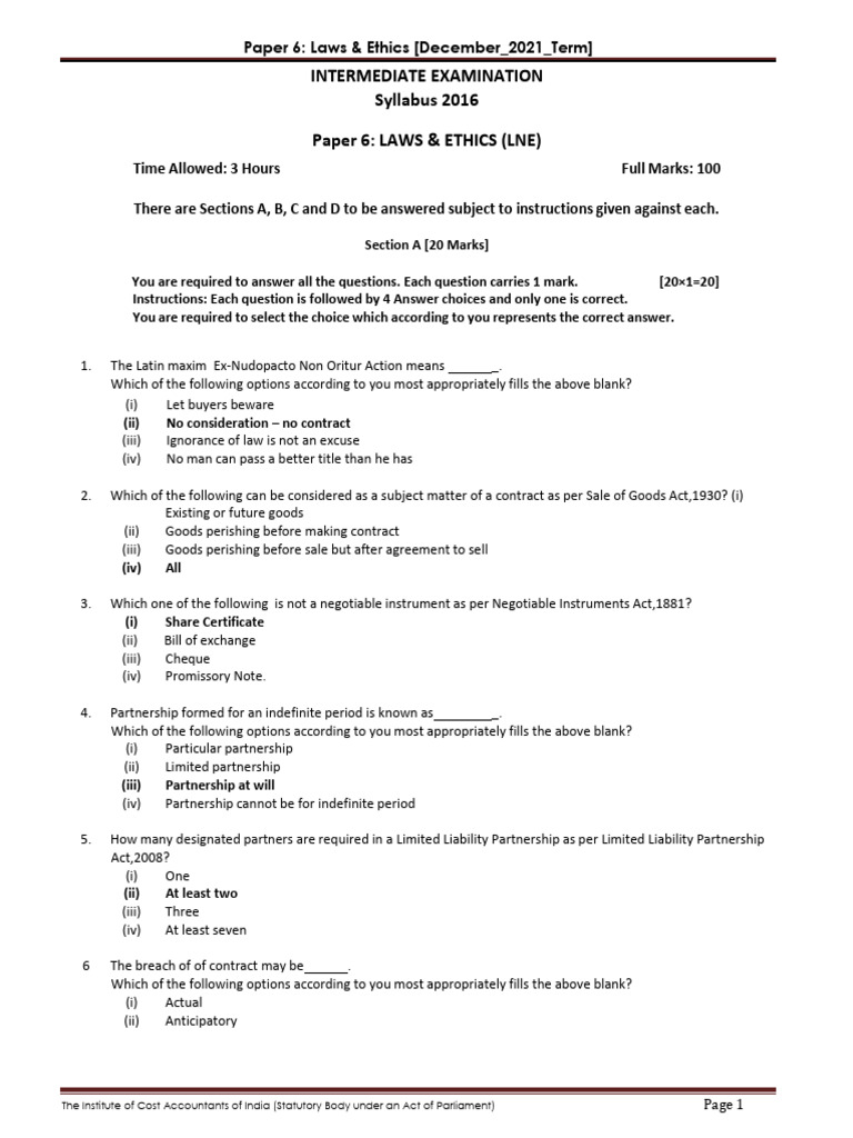 CMA Inter Law P6 - Dec2021 | PDF | Partnership | Pension