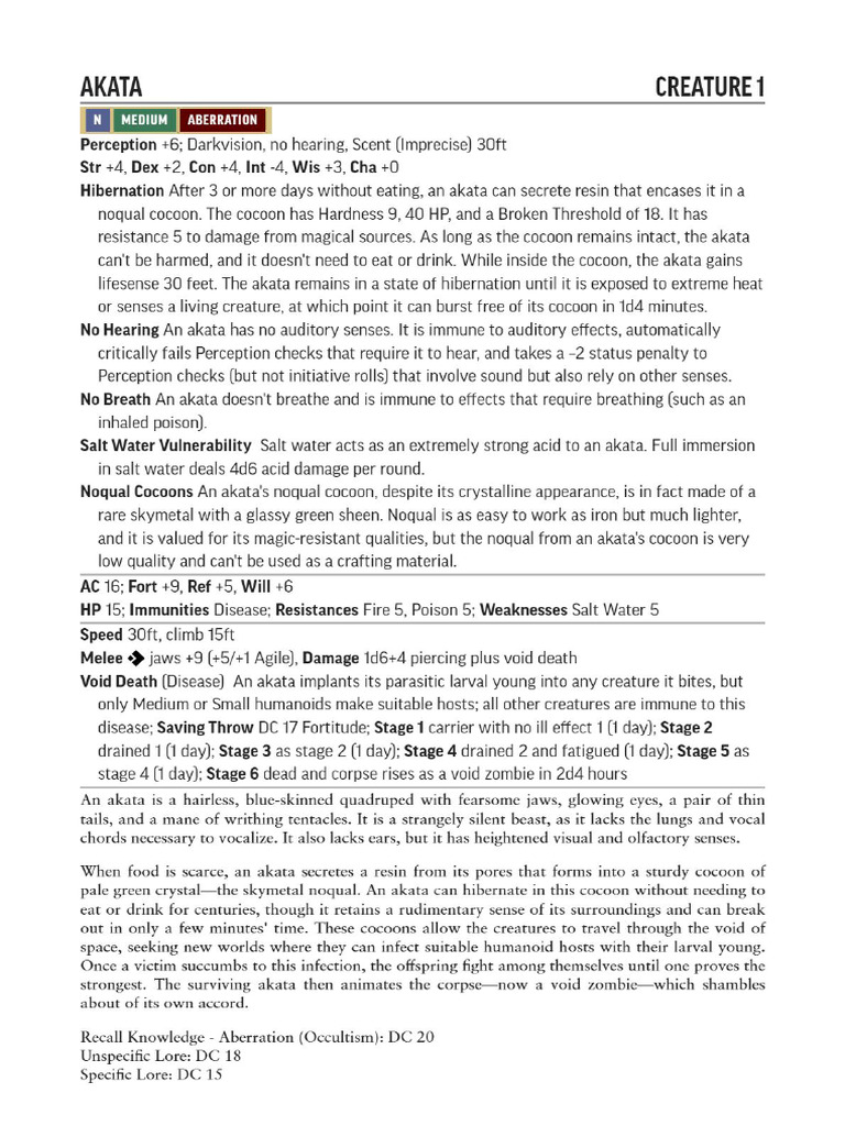 Starfinder 2E Stat Card Akata Creature 1 | PDF