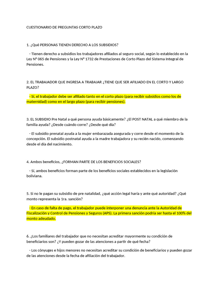 Cuestionario de Preguntas Corto Plazo | PDF | Bienestar | Seguro