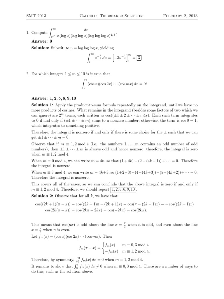 Calculus Tiebreaker Solutions | PDF | Algebra | Mathematical Objects
