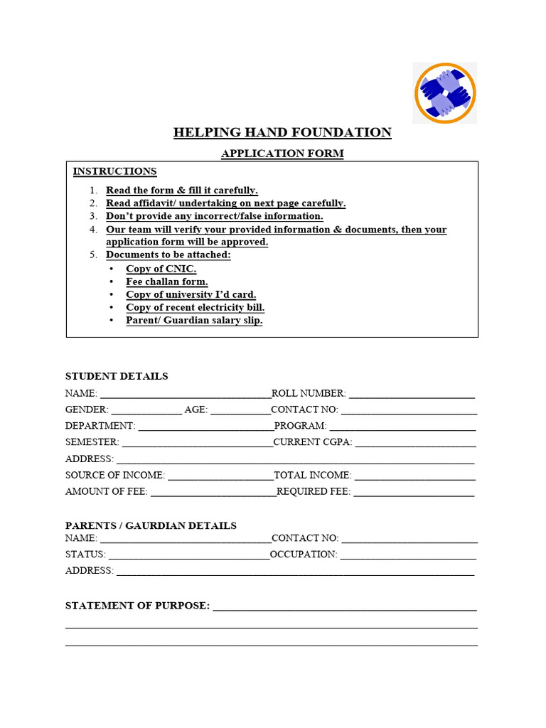 Helping Hand Application Form | PDF