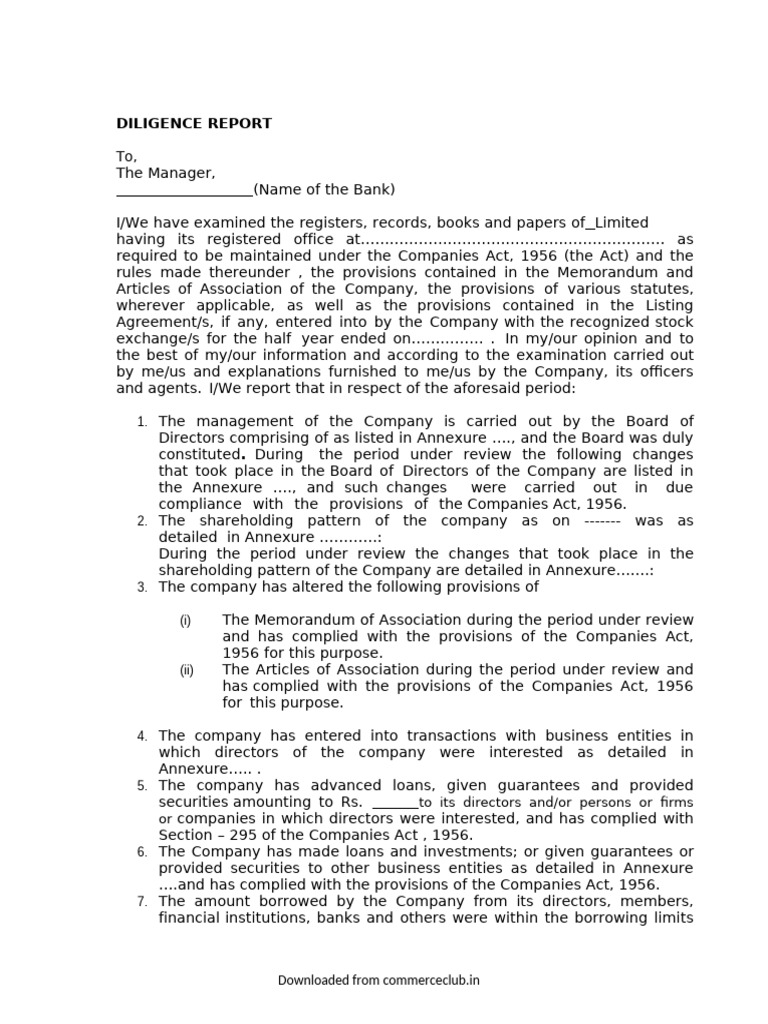 Due Diligence Report Format by CS | PDF | Loans | Banks