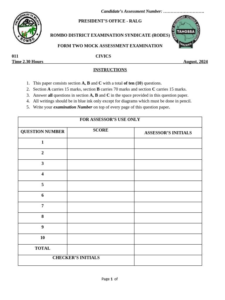 Civics F2 Question Paper Mock - 2024 | PDF | Government | Dictatorship