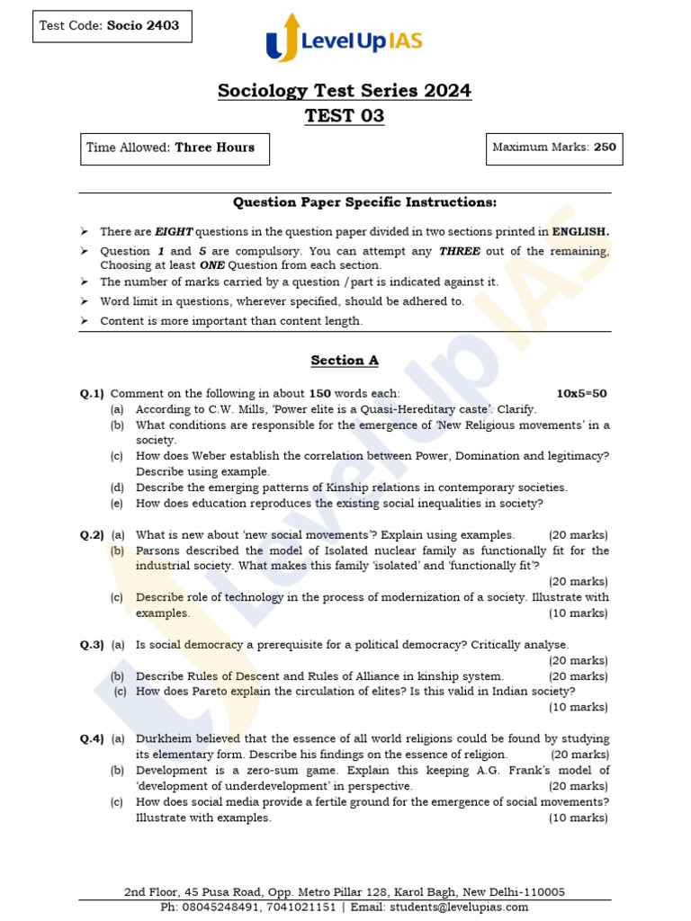 Sociology Test 3 Question Paper | PDF | Sociology | Liberal Arts Education