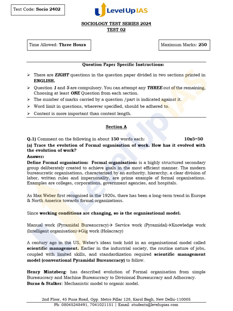 Sociology Test Series 2024: Test 02 | PDF | Bureaucracy | Capitalism