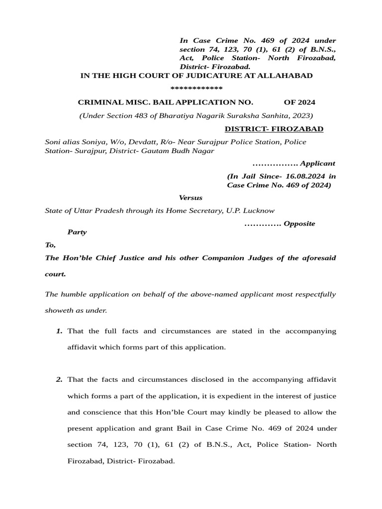 Soniya Firozabad BAil | PDF | Affidavit | Bail