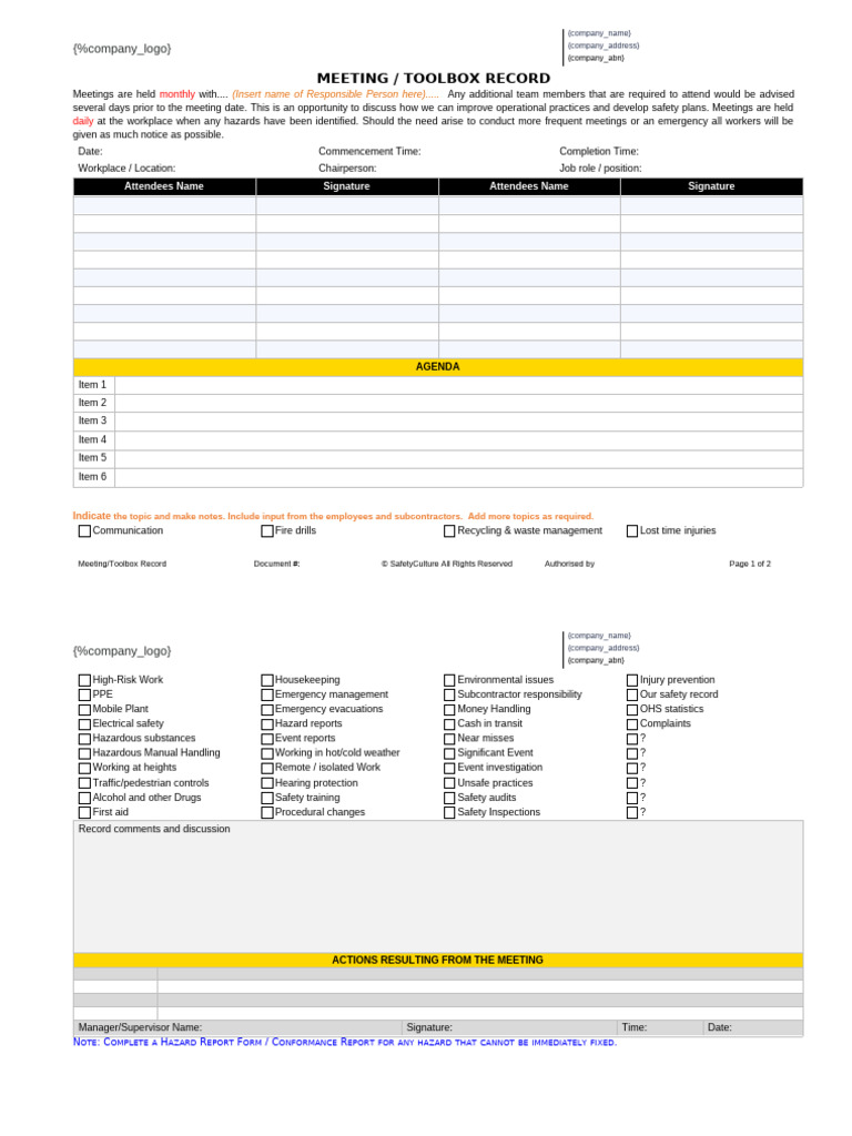 30002-3 - APP Meeting Toolbox Record | PDF | Occupational Safety And ...
