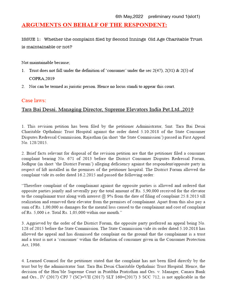 Arguments On Behalf of Respondent (Preliminary Round 1) | PDF | Complaint | Charitable Organization