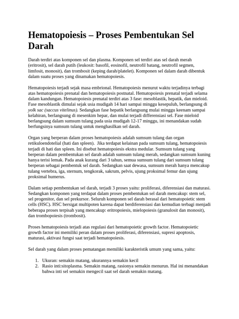 Hematopoiesis Proses Pembentukan Sel Dar Pdf Kesehatan Holistik
