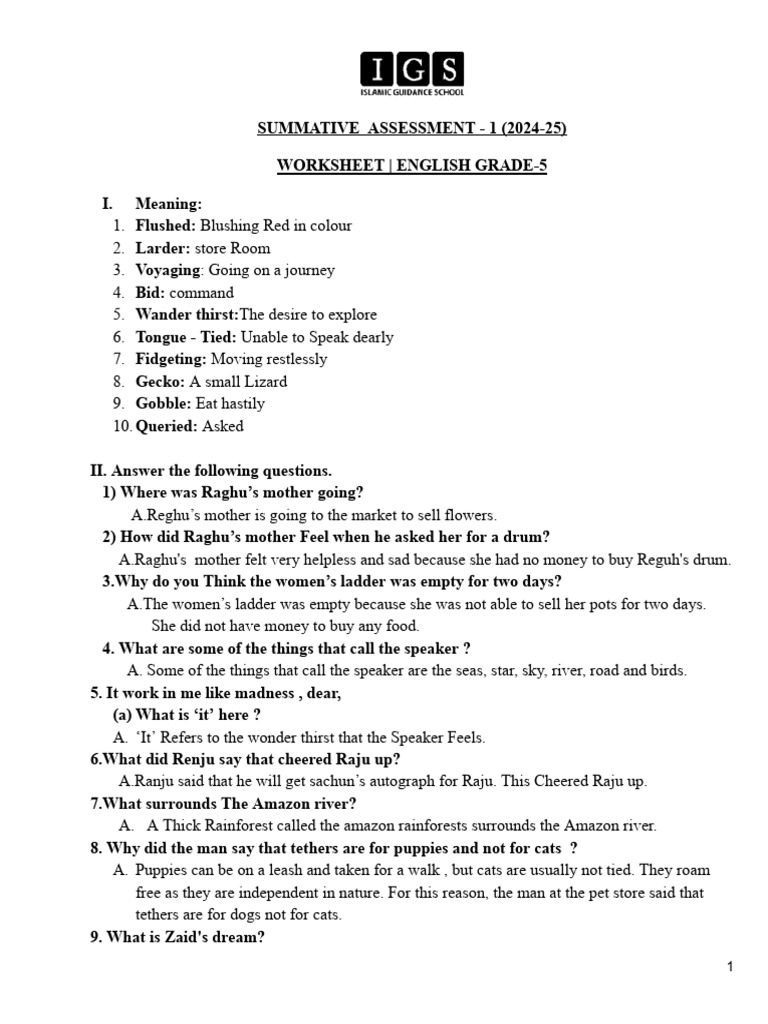 Class 5 SA1 WS (All Subjects) | PDF | Pet | Numbers