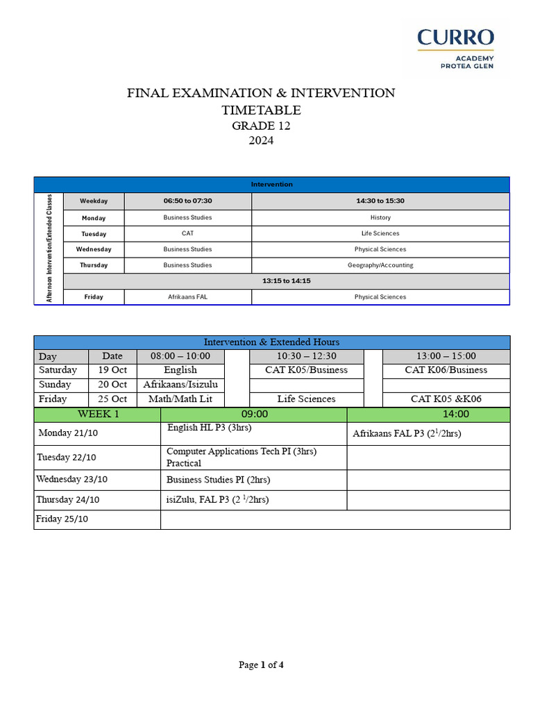 Grade 12 Exam & Intervention Schedule | PDF | Science