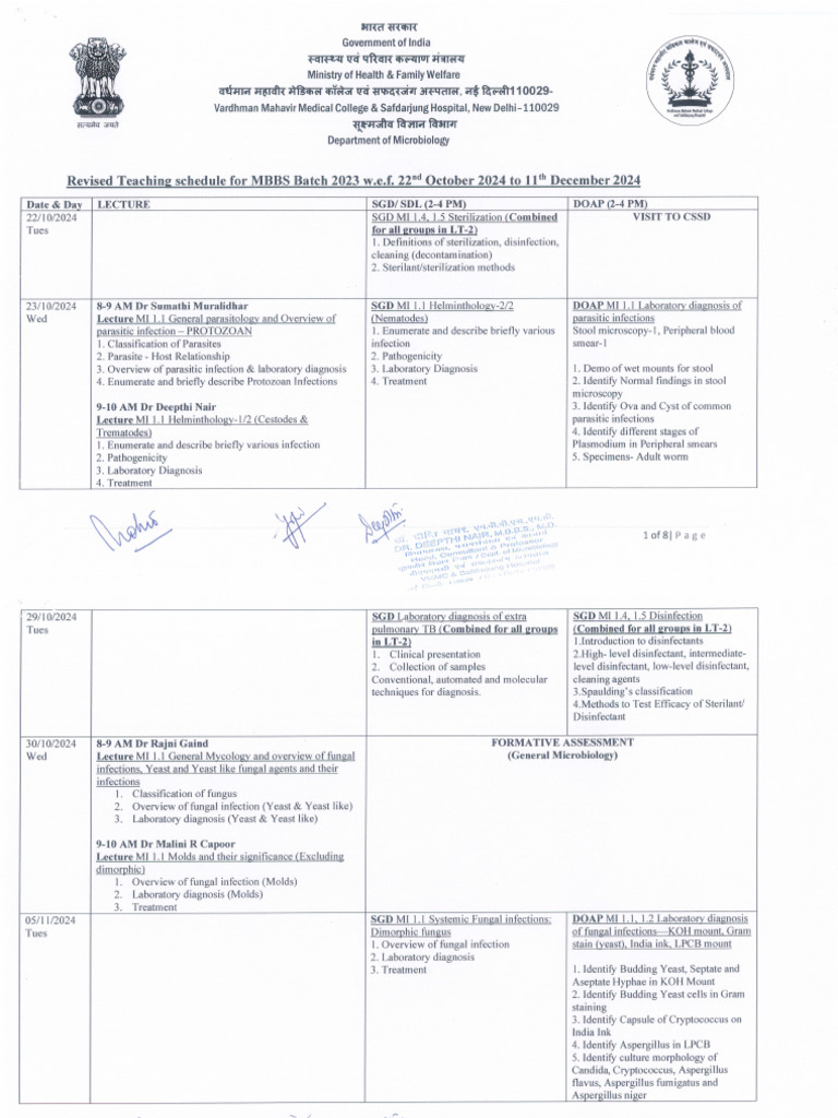 Revised Teaching Schedule MBBS Batch 2023 W.E.F 22nd October 2024 To 11 December 2024 | PDF