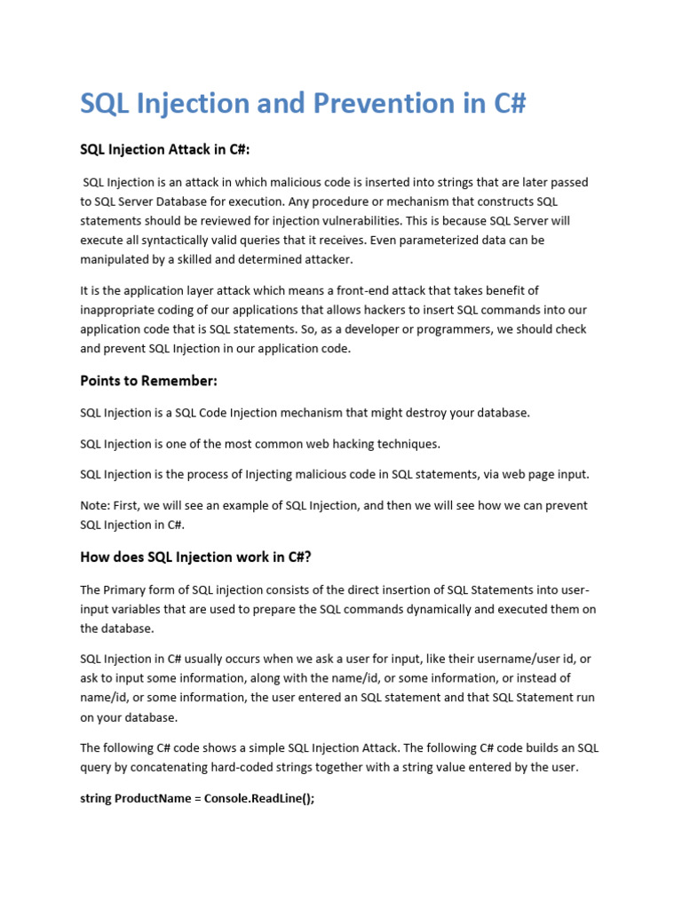 6 Sql Injection And Prevention In C Pdf Sql Computer Science