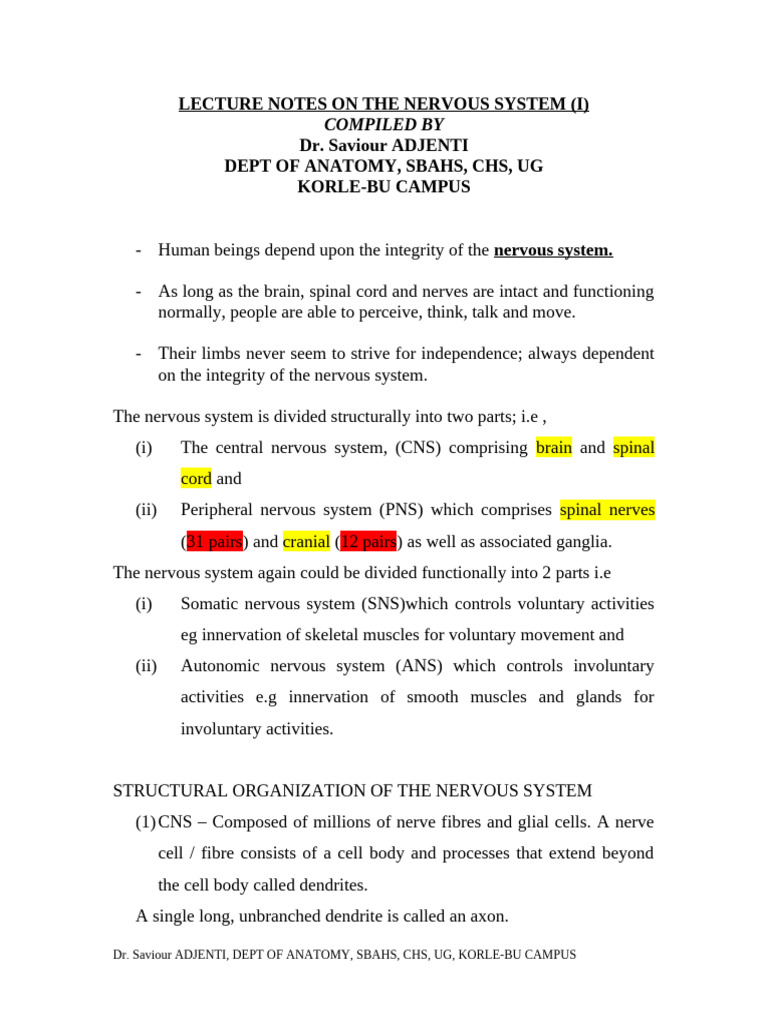 NERVOUS SYSTEM - Lecture Notes (UHAS) | PDF | Central Nervous System ...