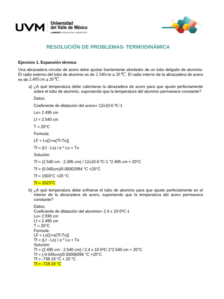 U5 Ejercicios Termodinamica | PDF | Calor | Temperatura