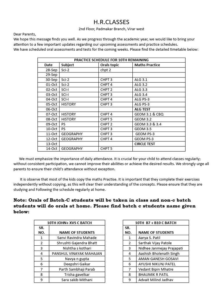 172742961210th Remaining C Batch Schedule | PDF