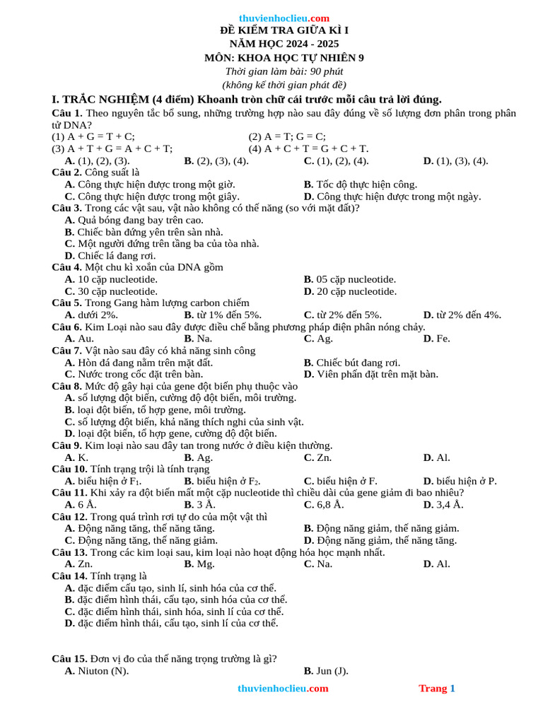 De Kiem Tra Giua HK1 KHTN 9 Nam 24 25 | PDF