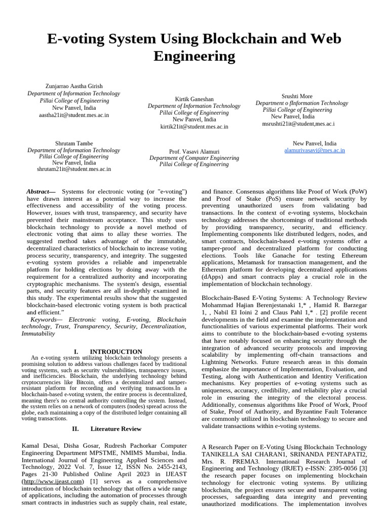 E-Voting System Based On Blockchain - Survey Paper | PDF | Electronic Voting | Computer Security
