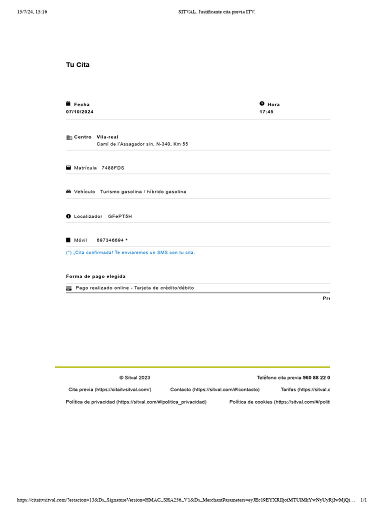 SITVAL. Justificante Cita Previa ITV | PDF