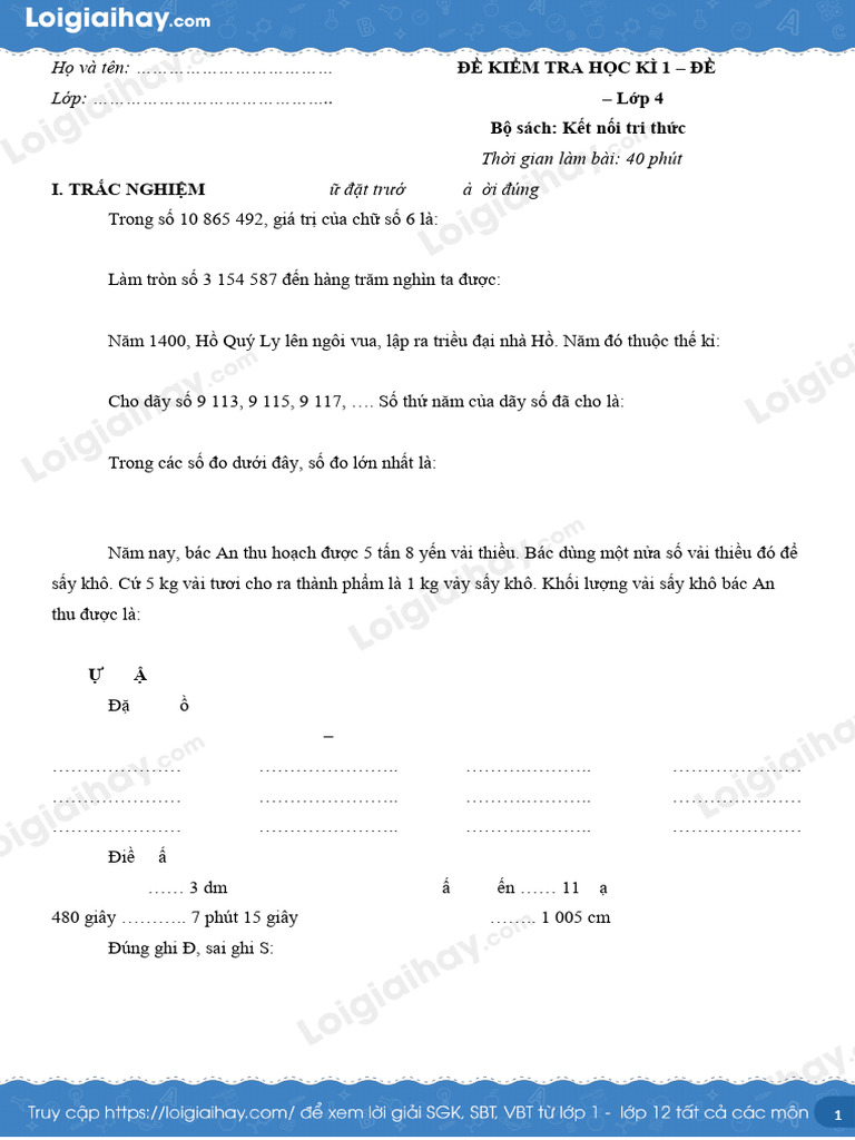 De Kiem Tra Hoc Ki 1 Toan 4 Ket Noi Tri Thuc de So 3 1699936881 | PDF