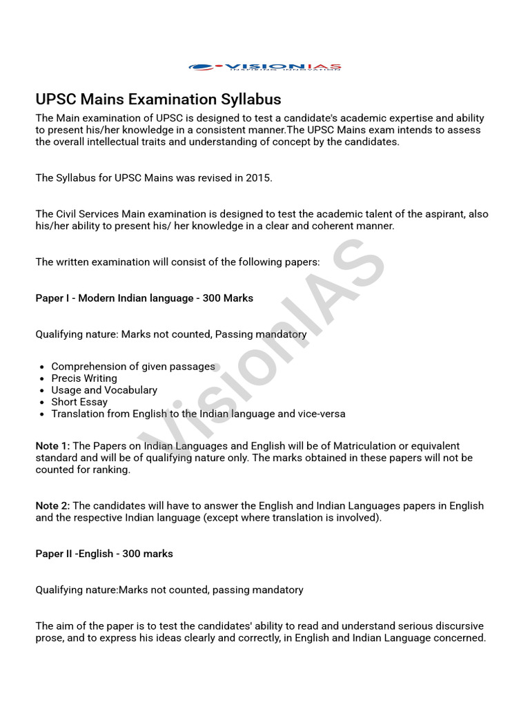 UPSC Mains Examination Syllabus | PDF