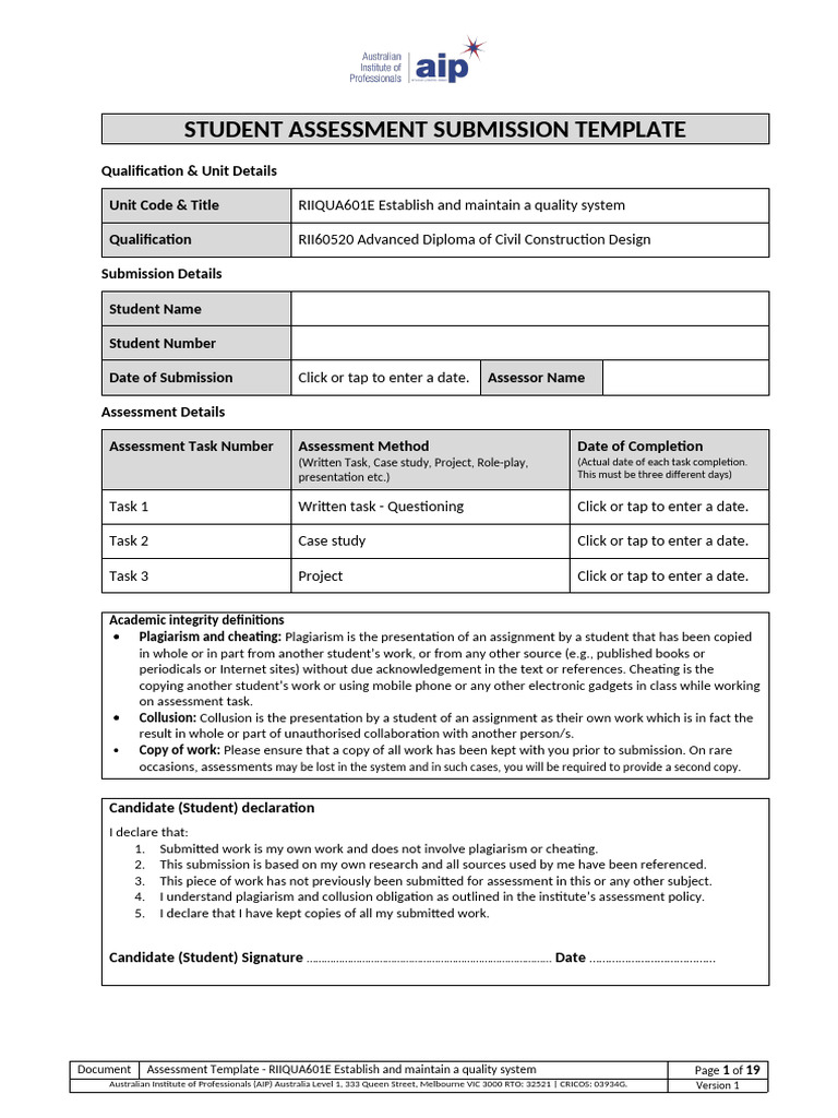 RIIQUA601E - Student Assessment Template | PDF | Quality Management ...