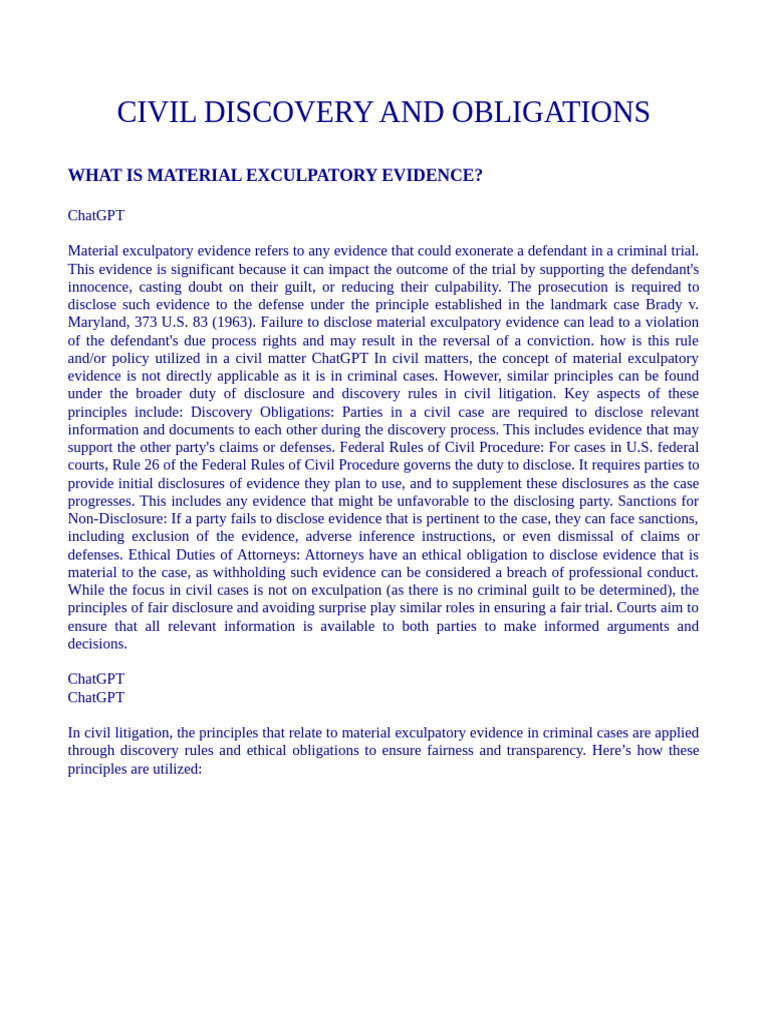 Civil Discovery and Obligations | PDF | Discovery (Law) | Brady V. Maryland