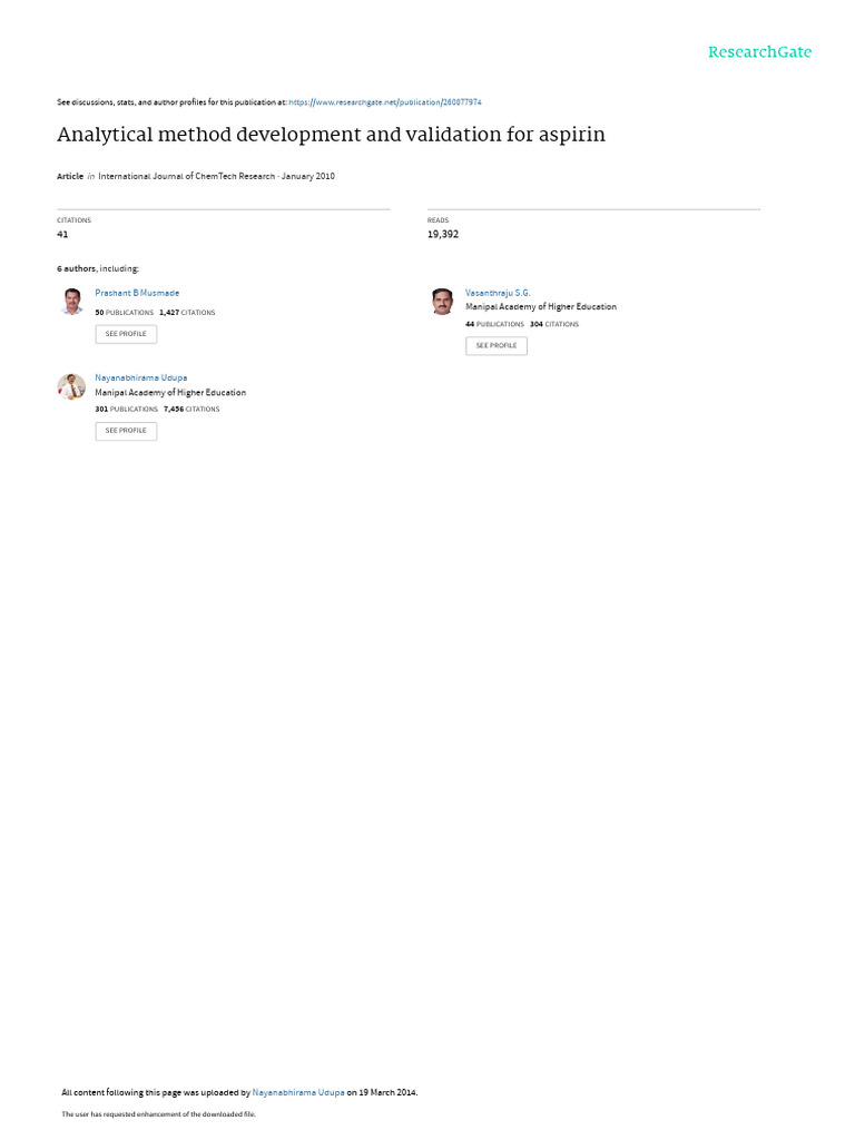 Analytical Method Development and Validation For Aspirin: International Journal of Chemtech ...