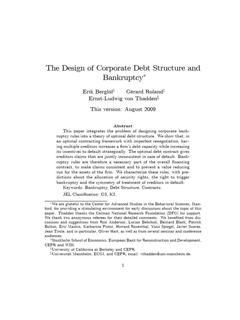 The Design of Corporate Debt Structure A | PDF | Bankruptcy | Debtor