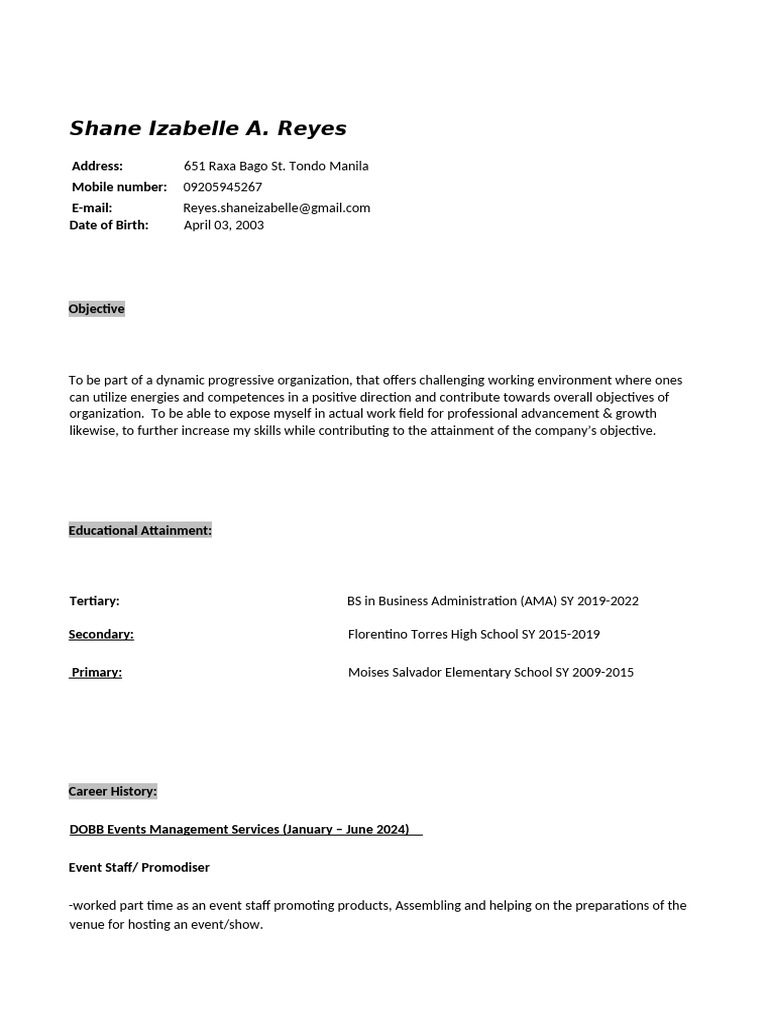 Resume of Shane Izabelle A. Reyes | PDF
