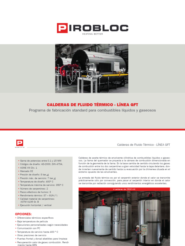 Calderas de Fluido Termico PIROBLOC Ficha Tecnica | PDF | Calor | Chimenea