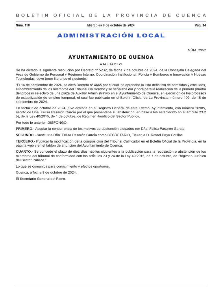 Anuncio BOP 09-10-2024 Modificacion Tribunal | PDF