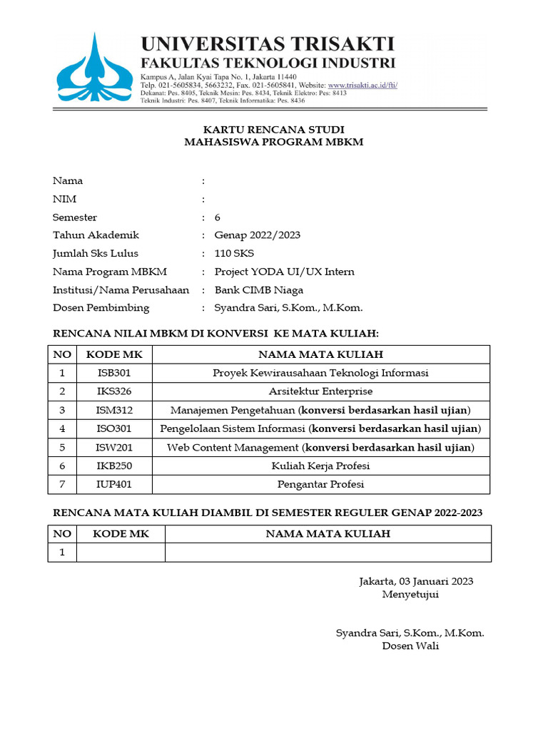 Contoh SI KARTU RENCANA STUDI MHS MBKM | PDF