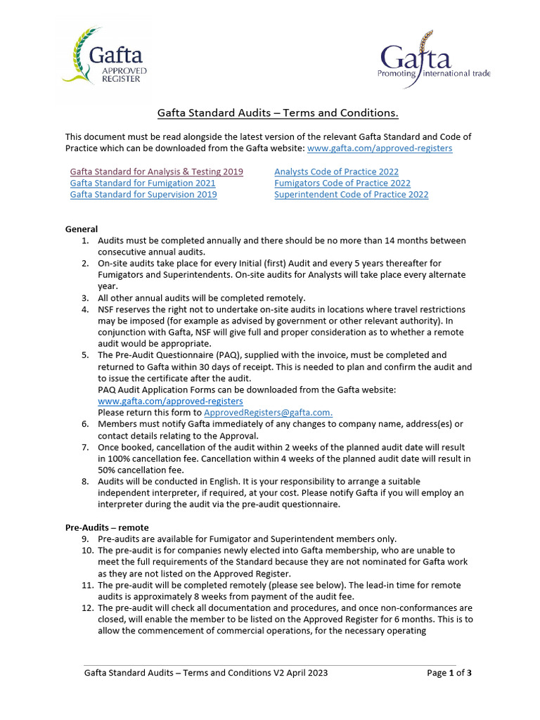 Gafta Audit Terms & Conditions | PDF | Audit | Invoice