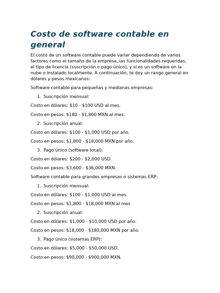 Costo de Software Contable en General | PDF | Negocios | Informática